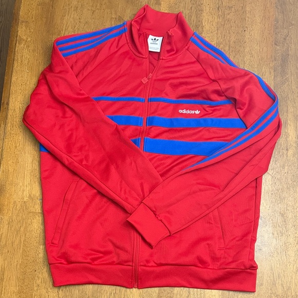 adidas | Jackets & Coats | Adidas Red Jacket With Blue Stripes | Poshmark